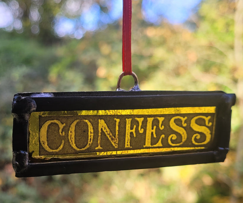 Stained glass "Confess" small hanging suncatcher panel traditionally m ...